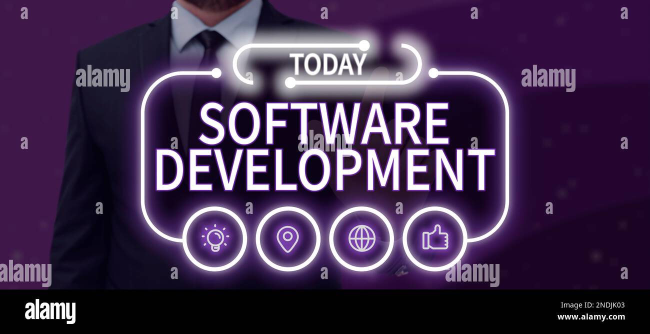Inspiration showing sign Software Development. Business overview software is created using a ...