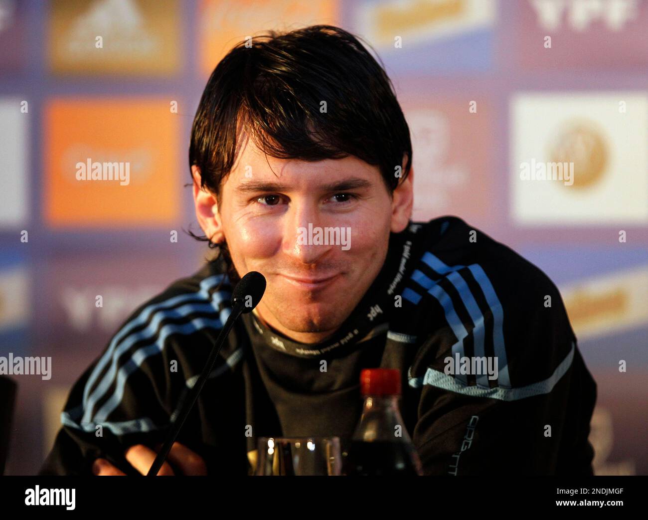 Argentina's Lionel Messi smiles during a press conference in Pretoria ...