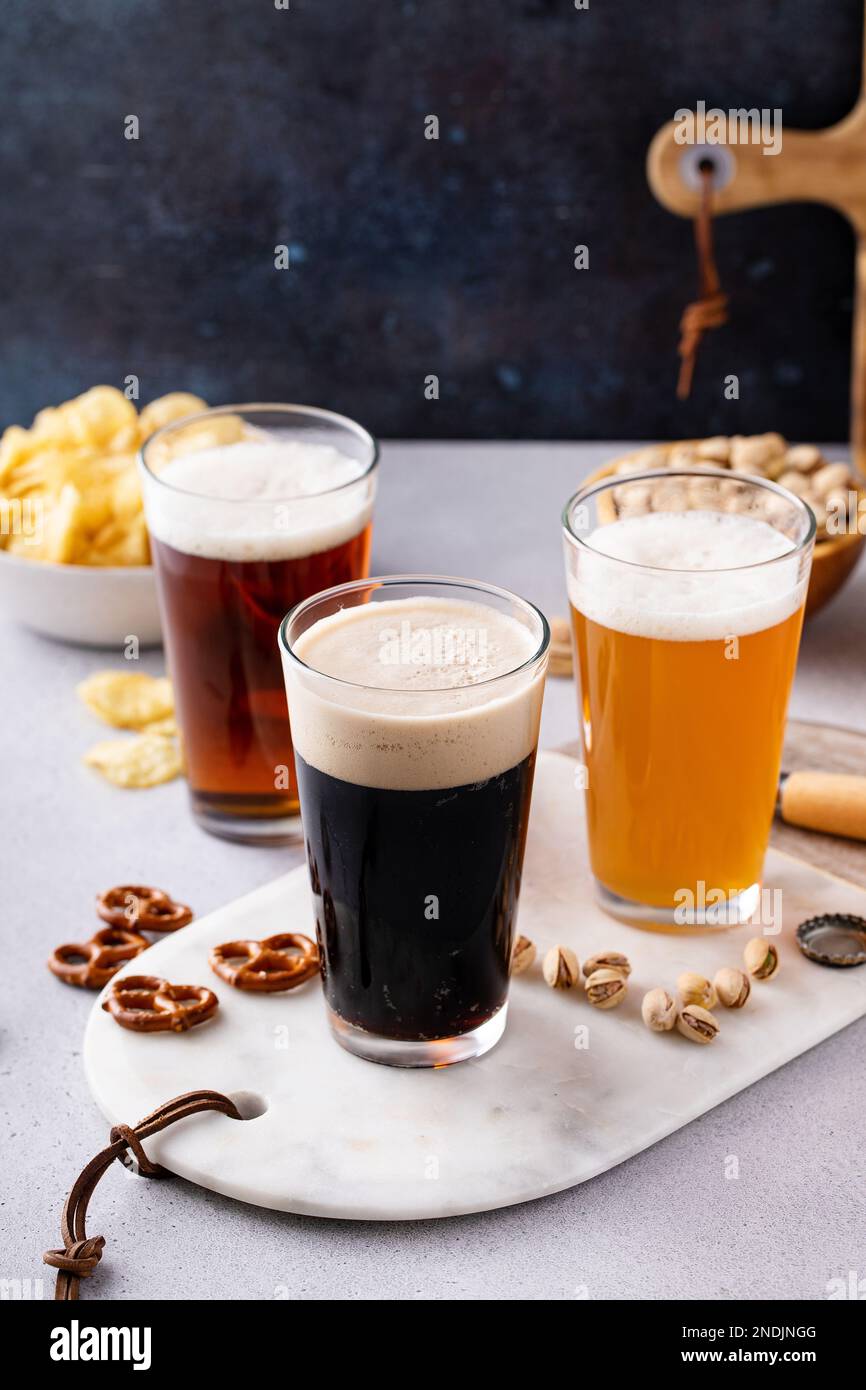 Variety of beer with dark stout, traditional lager and belgian white ...