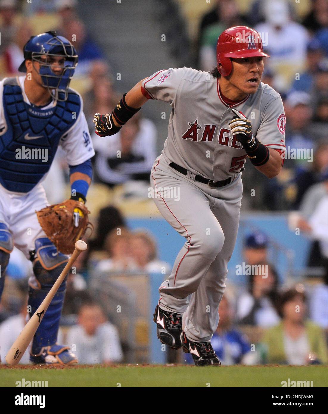 Los Angeles Angels' Hideki Matsui of Japan hits a three-run double as ...