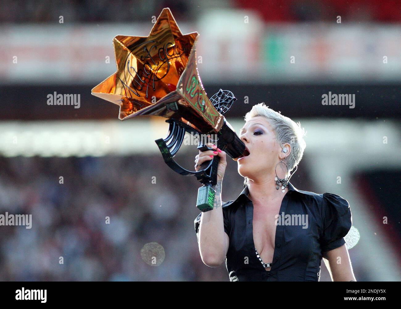 US singer Pink performs on stage during the opening night of the UK ...