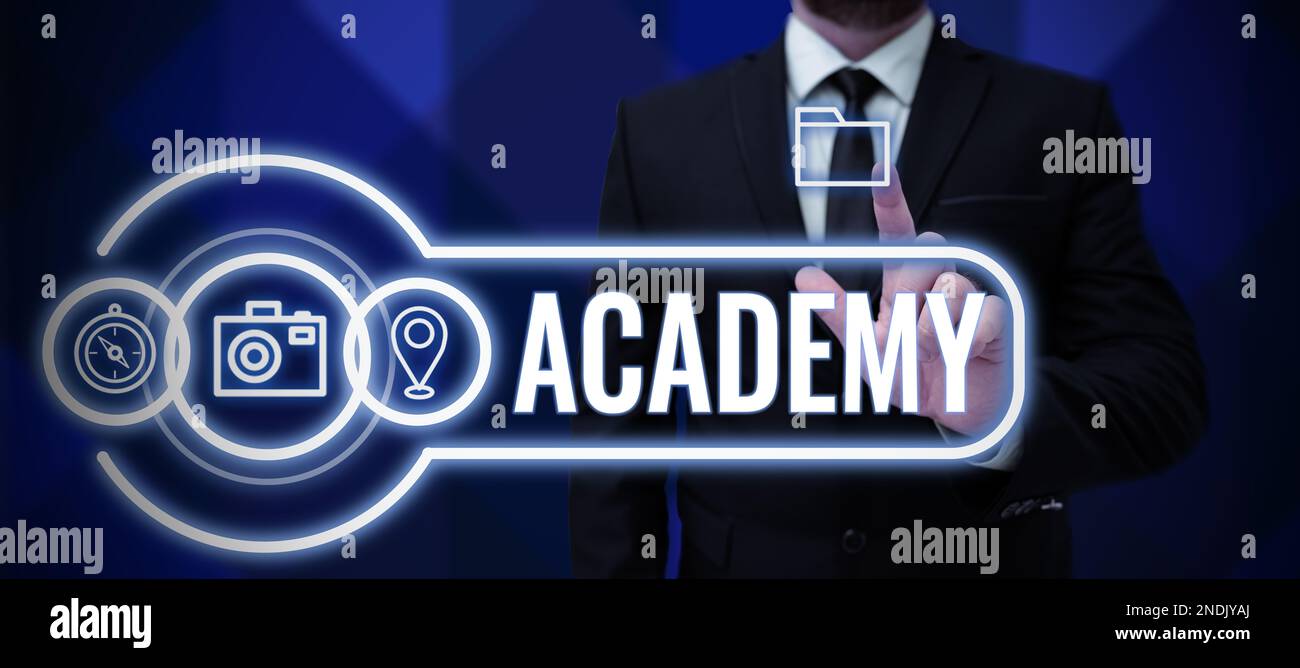 Text caption presenting Academy. Word Written on where students can go ...