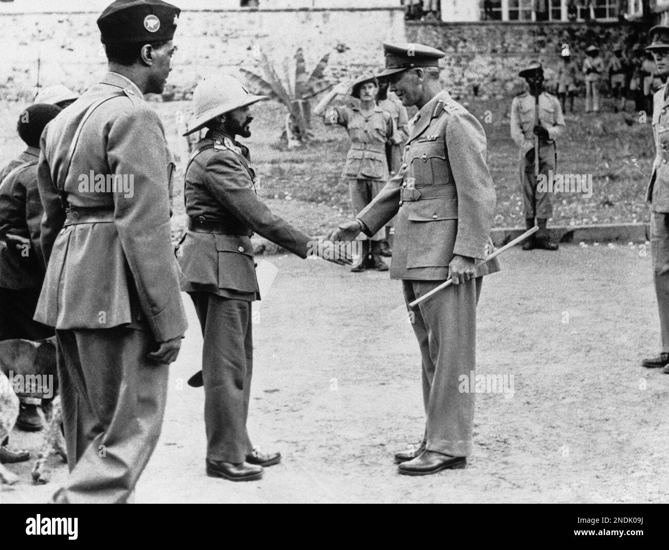 The Emperor Haile Selassie being greeted by the G.O.C. in Chief East ...