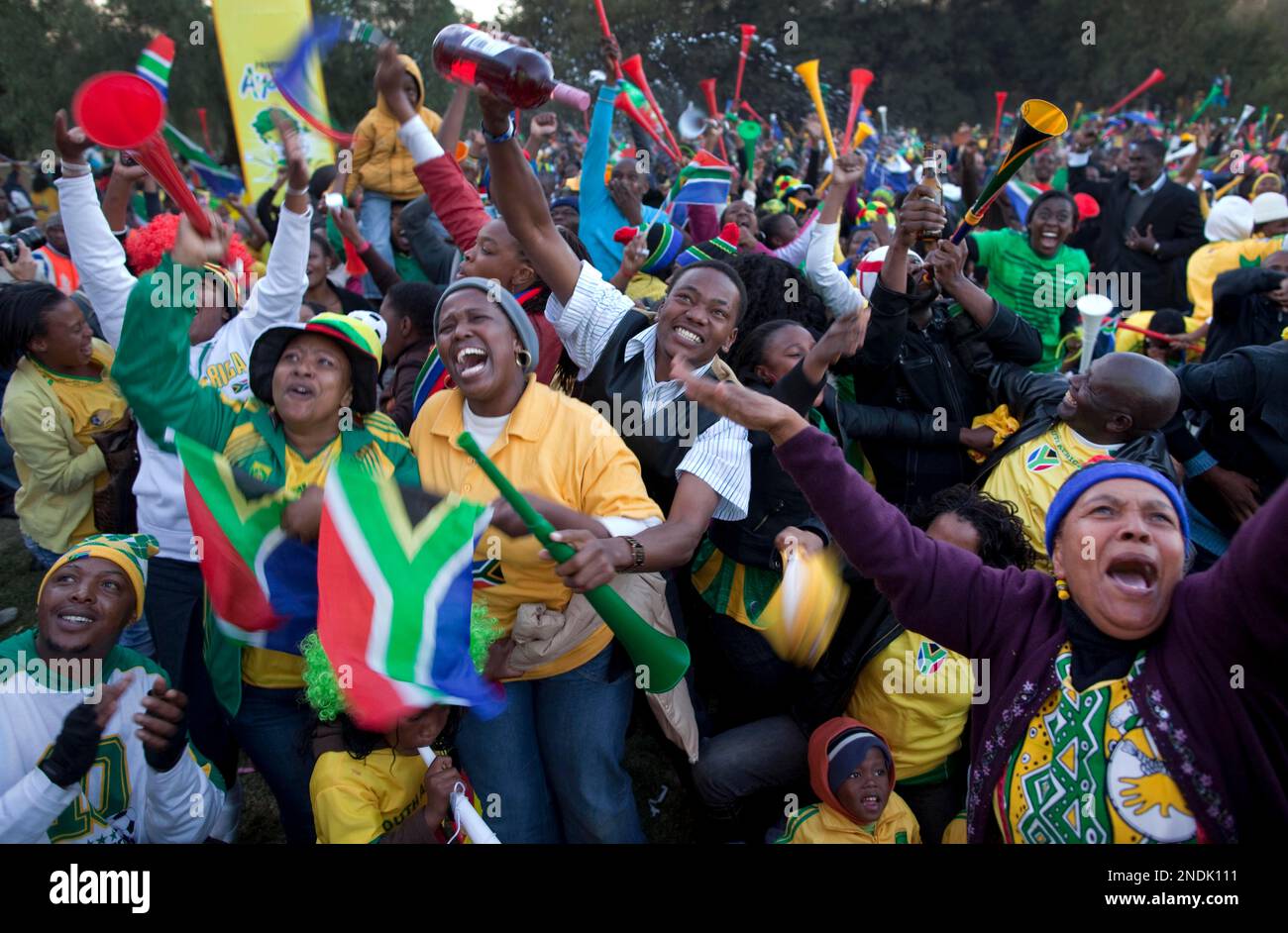 South African soccer fans celebrate a goal during the soccer World Cup ...