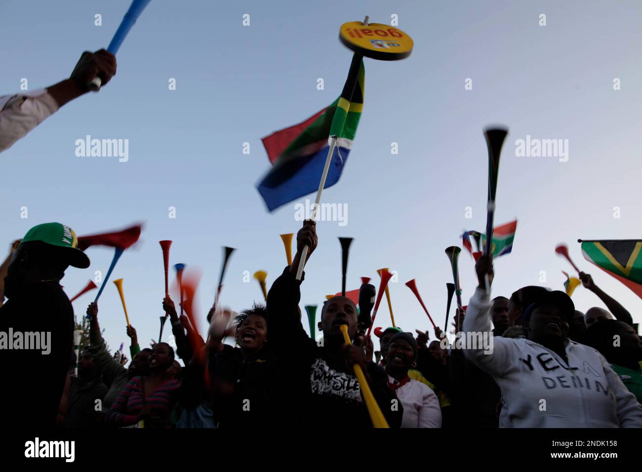 South African soccer fans celebrate during the soccer World Cup group A ...