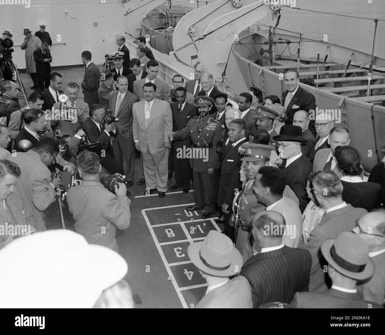 Emperor Haile Selassie of Ethiopia greets newsmen aboard the liner ...