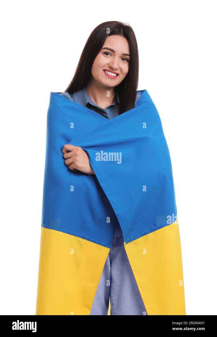Young woman with flag of Ukraine on white background Stock Photo - Alamy