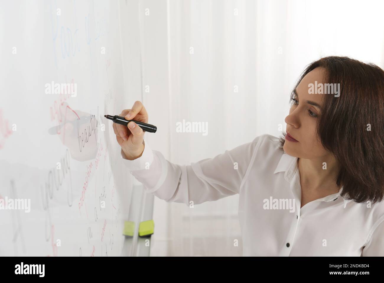 English teacher giving lesson near whiteboard in classroom Stock Photo ...
