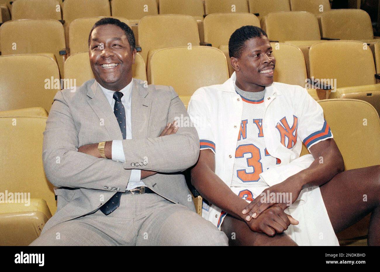 Patrick Ewing is shown, Sept. 5, 1985 in New York. Man at left is ...