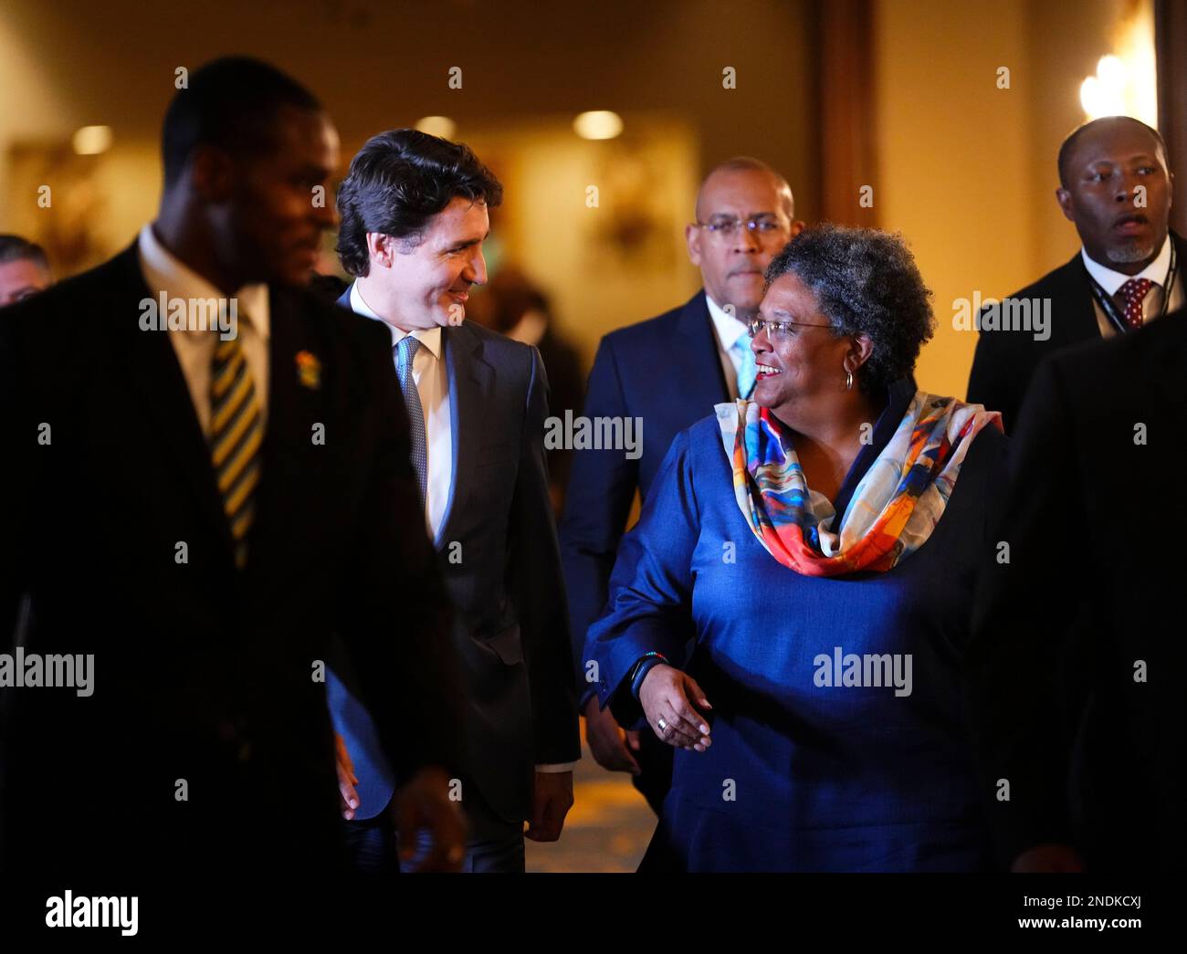 Prime Minister Justin Trudeau walks with Prime Minister of Barbados Mia ...