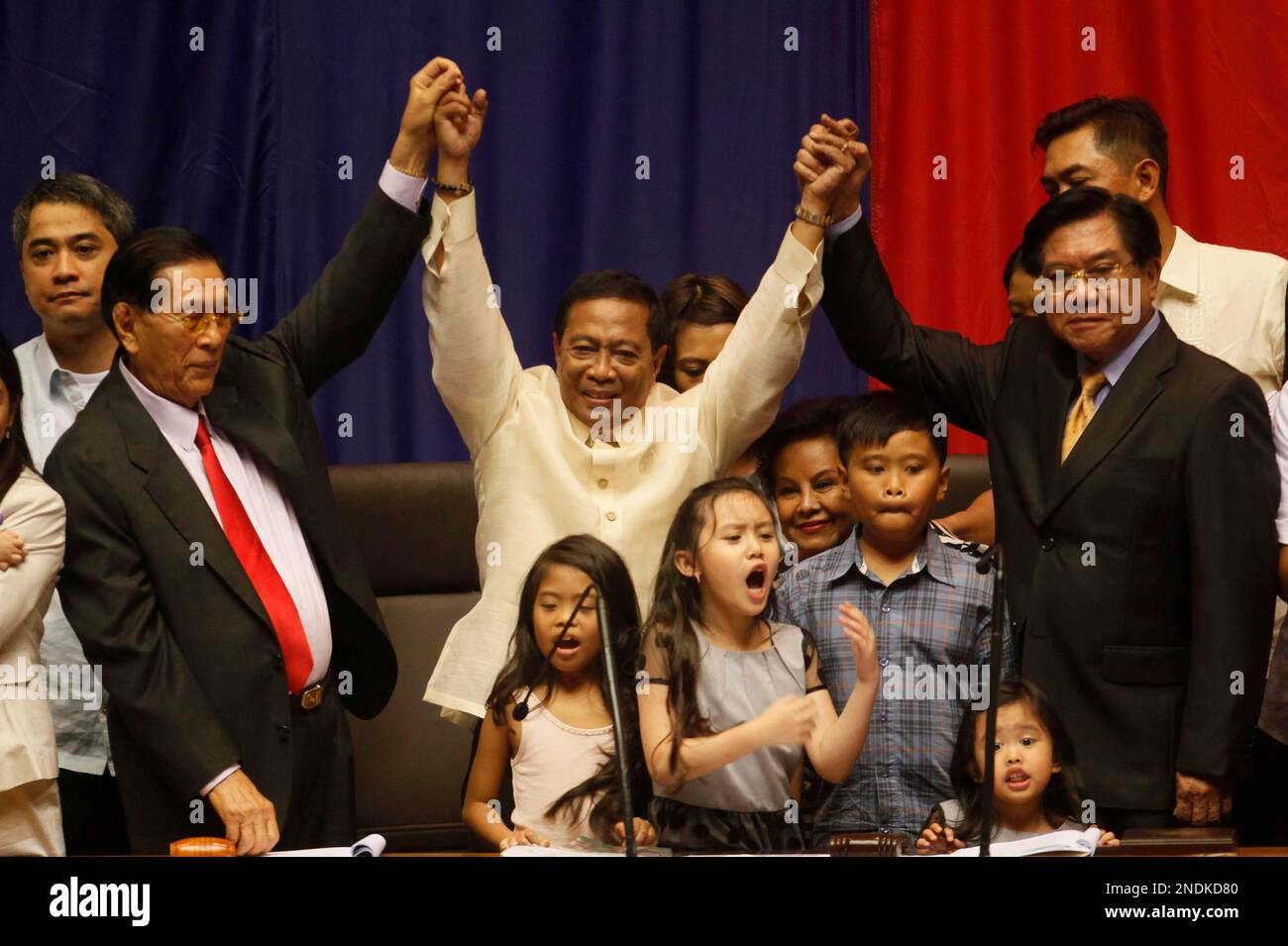 Philippine Vice President-elect Jejomar Binay, center, is jointly ...
