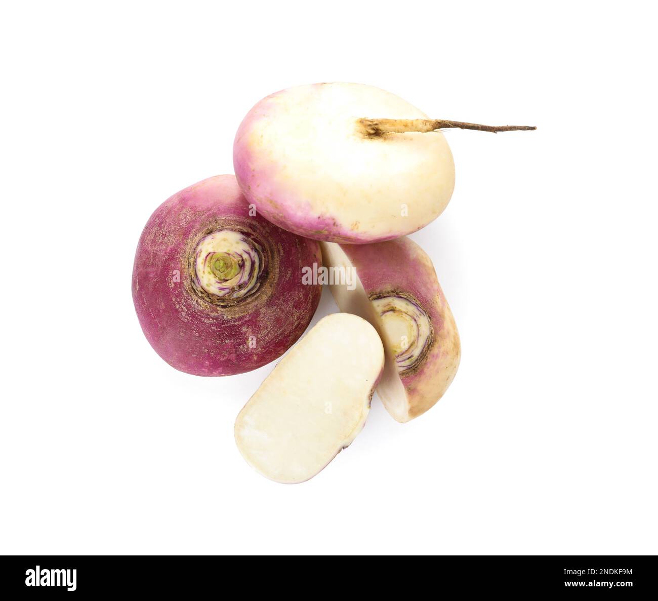 Cut and whole fresh ripe turnips on white background, top view Stock ...