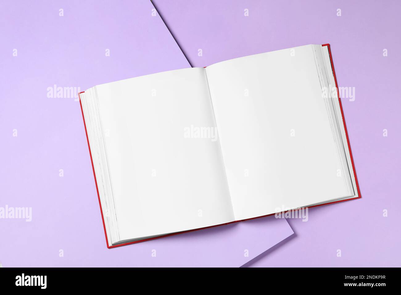 Open book with blank pages on violet background, top view. Space for ...