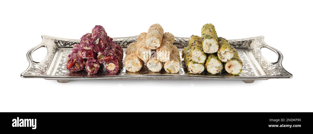 Turkish delight dessert in tray isolated on white Stock Photo - Alamy