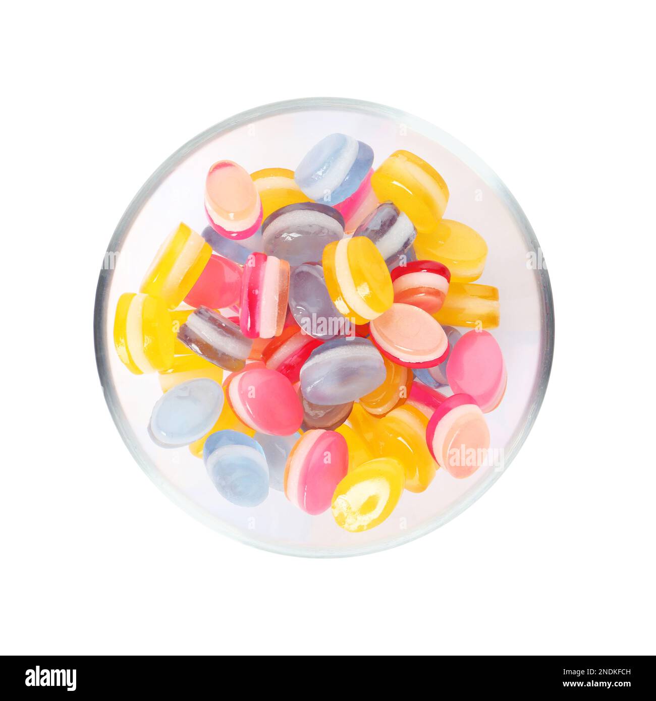 Tasty colorful sweets in glass bowl isolated on white, top view Stock ...