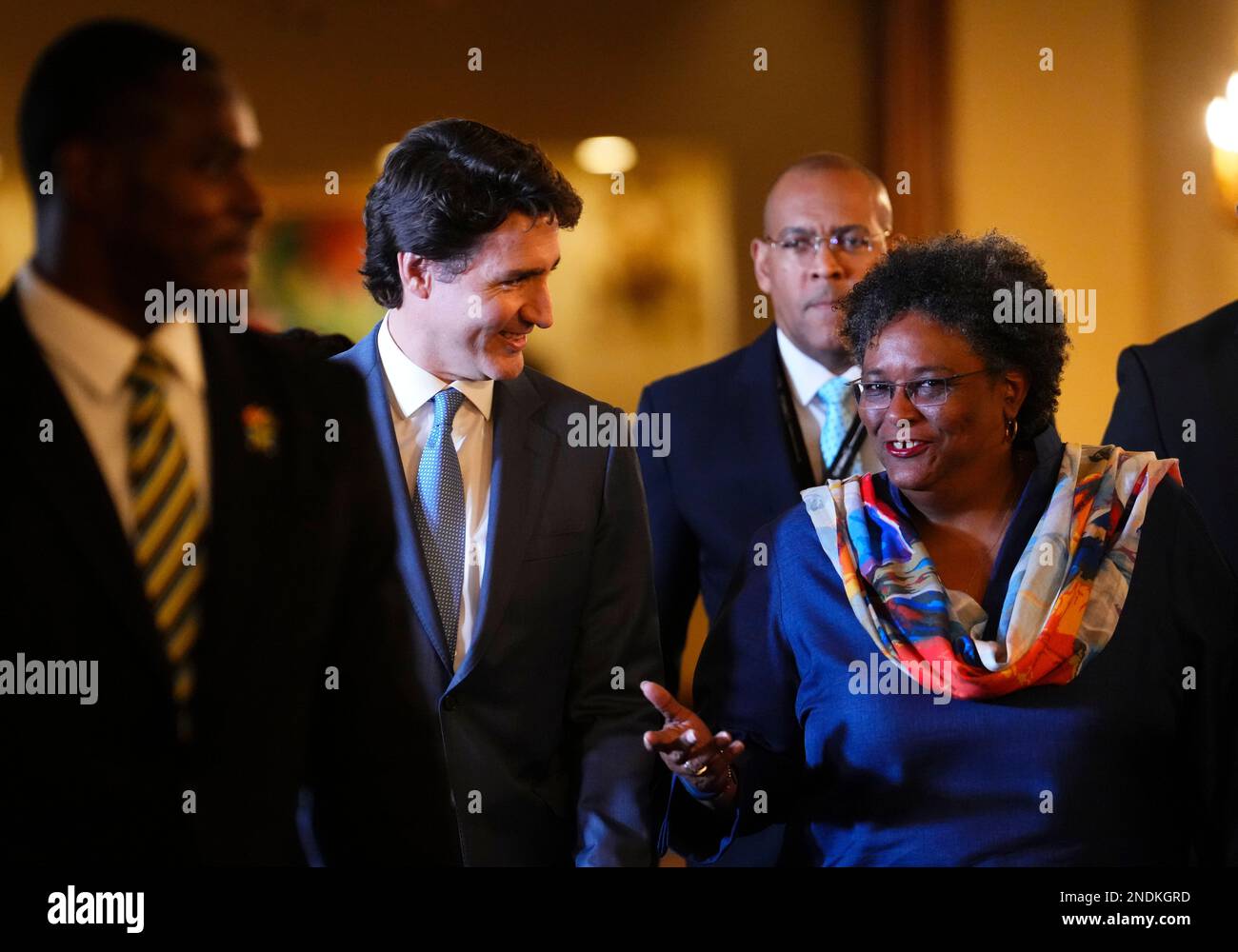 Prime Minister Justin Trudeau walks with Prime Minister of Barbados Mia ...
