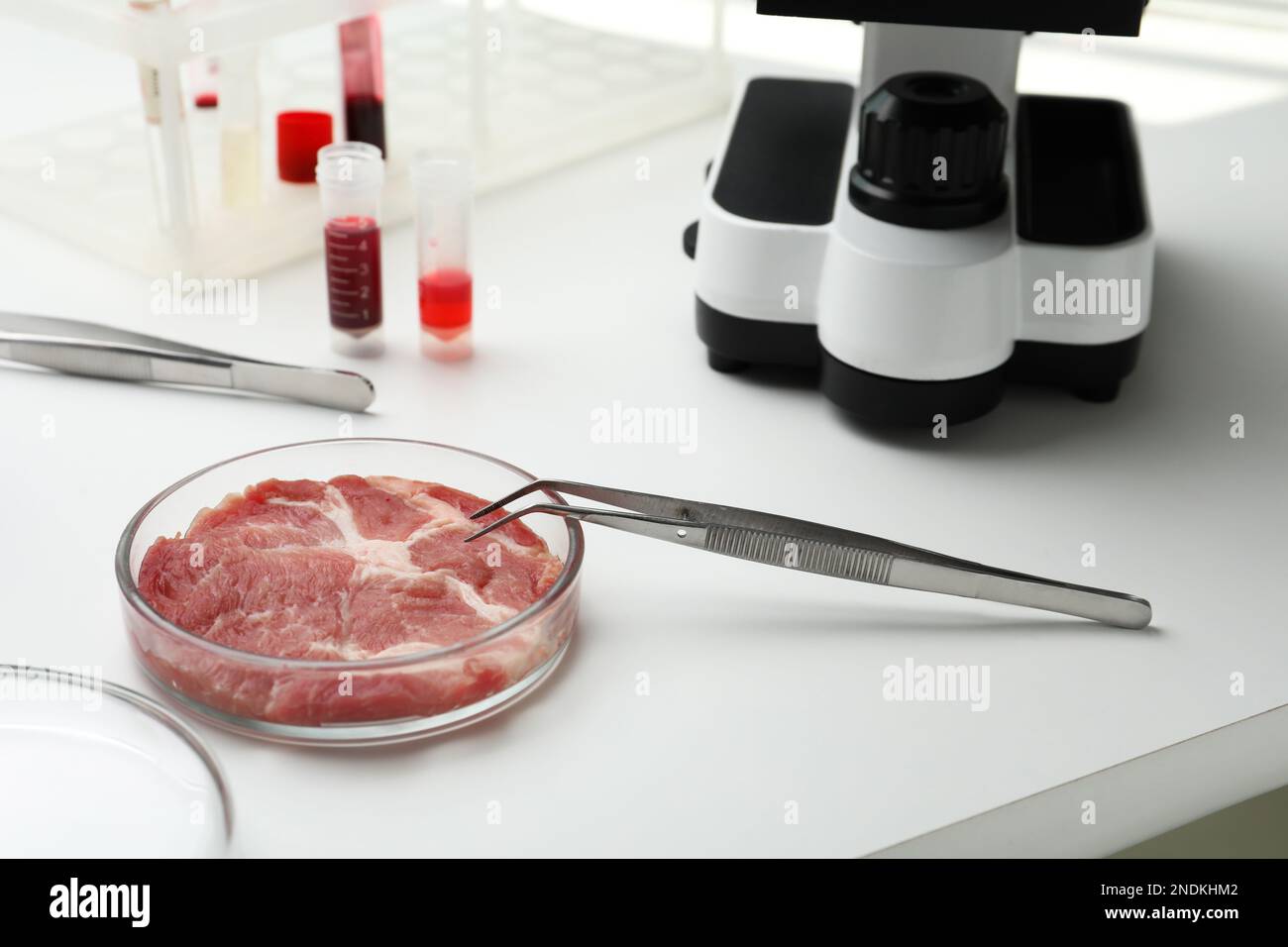 Sample of cultured meat on white lab table Stock Photo - Alamy
