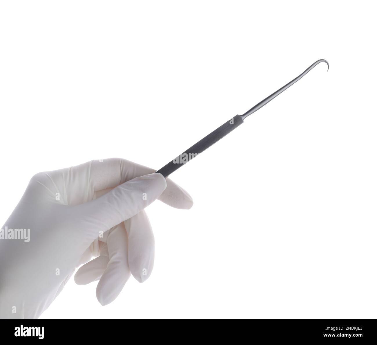 Doctor holding surgical hook on white background, closeup Stock Photo ...