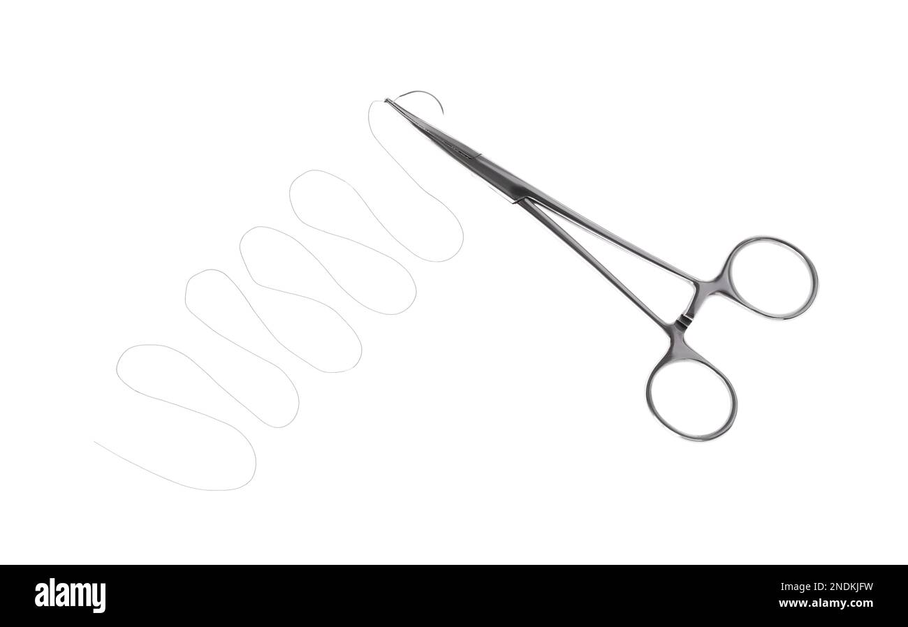 Forceps with suture thread on white background, top view. Medical ...
