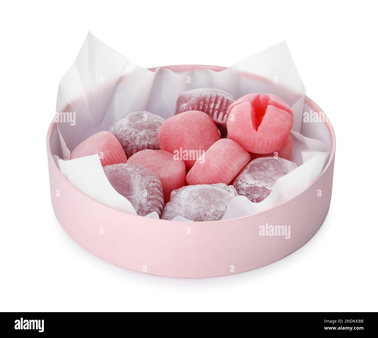 Many different delicious mochi in box on white background. Traditional ...