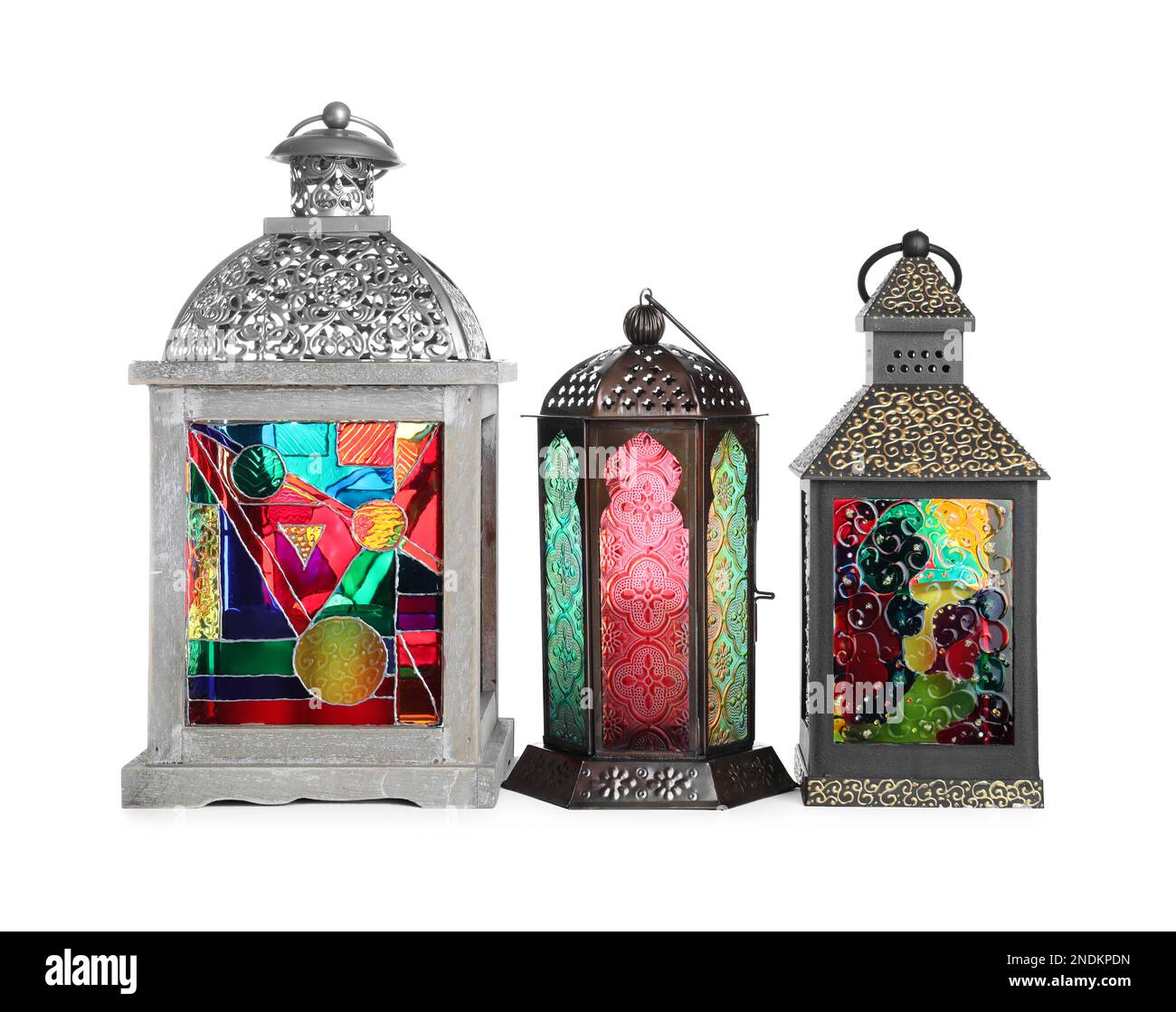Different decorative Arabic lanterns on white background Stock Photo ...