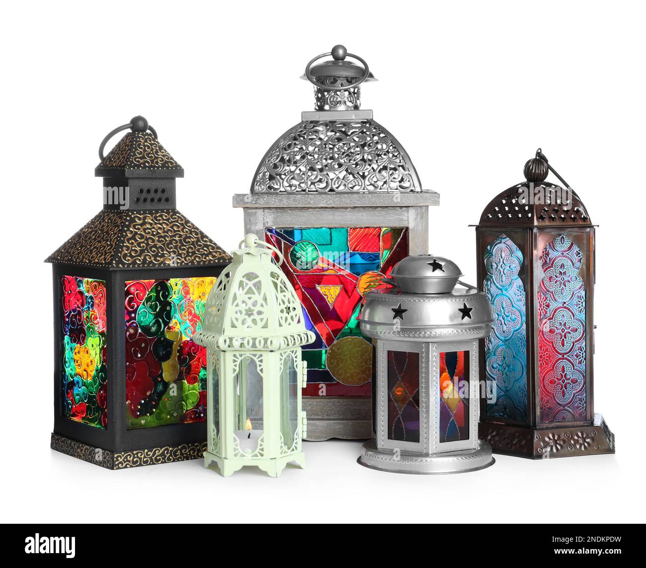 Different decorative Arabic lanterns on white background Stock Photo ...