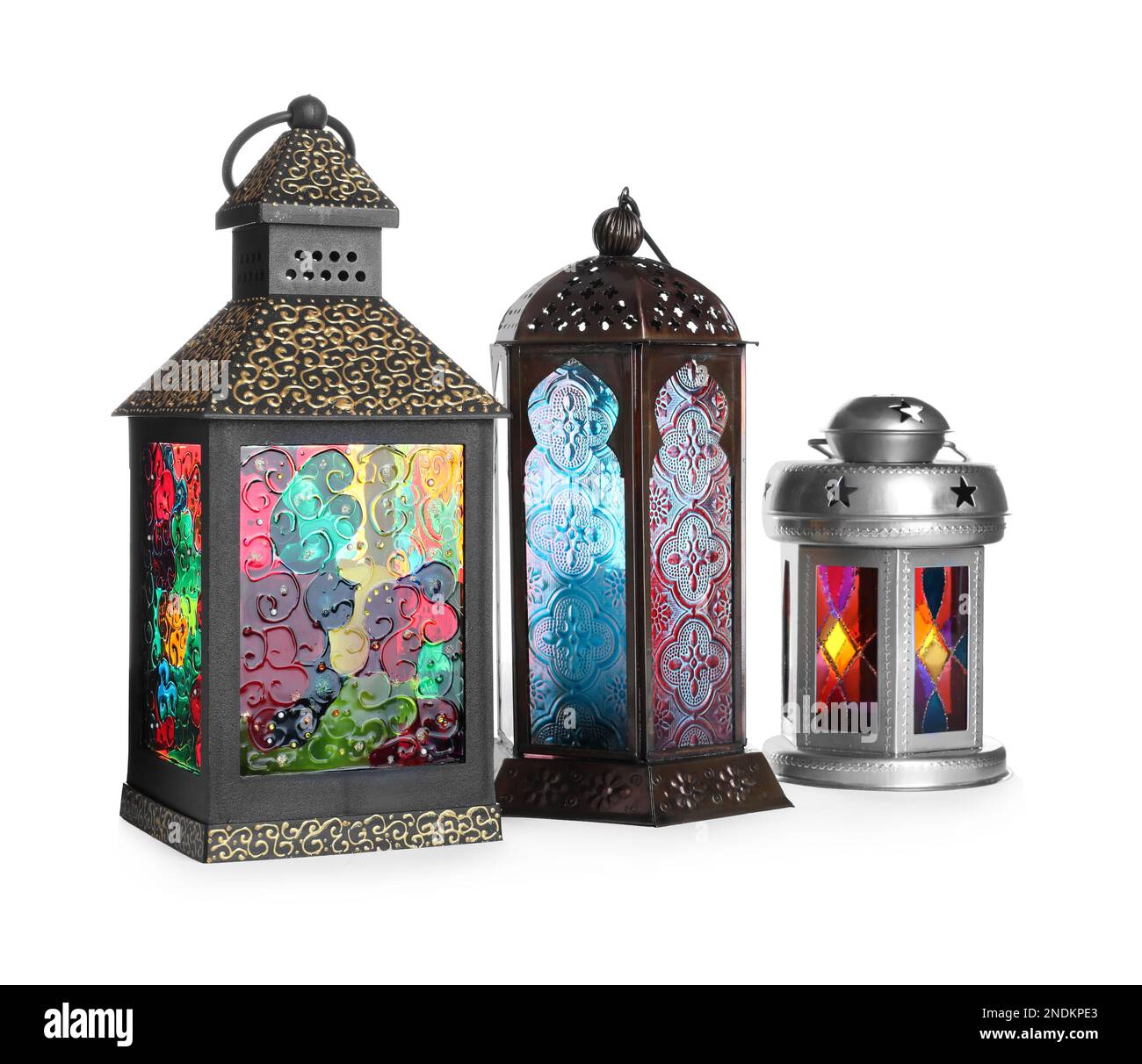 Different decorative Arabic lanterns on white background Stock Photo ...