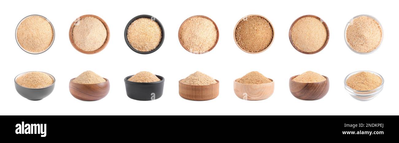 Set with fresh bread crumbs on white background. Banner design Stock ...