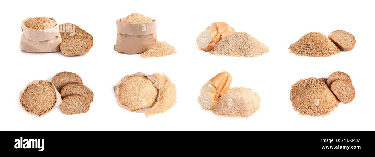 Set with fresh bread crumbs on white background. Banner design Stock ...