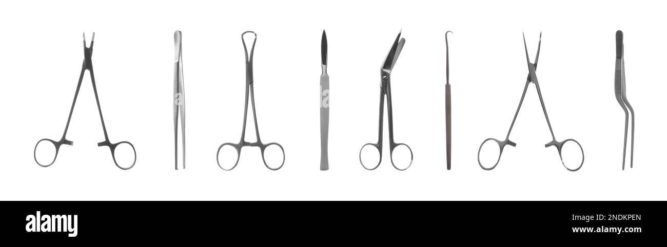 Set with different surgical instruments on white background. Banner ...
