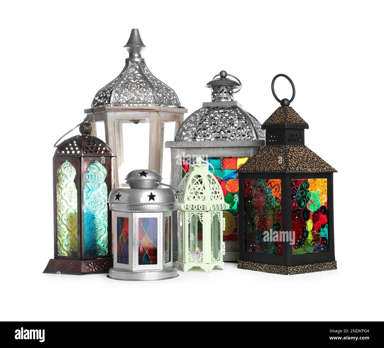Different decorative Arabic lanterns on white background Stock Photo ...