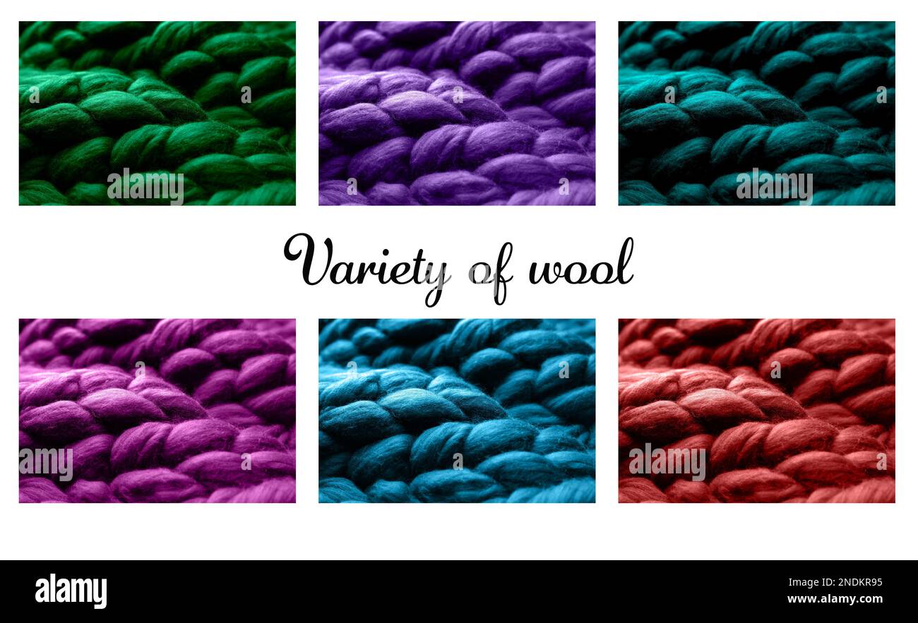 Samples of different wool on white background, collage. Color palette ...