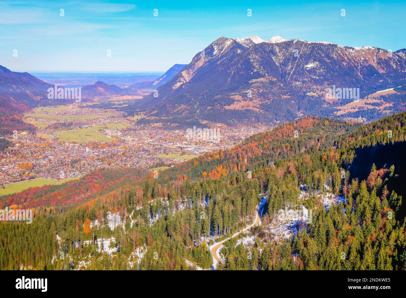 Bavarian alps and Garmisch Partenkirchen from above, Zugspitze massif ...
