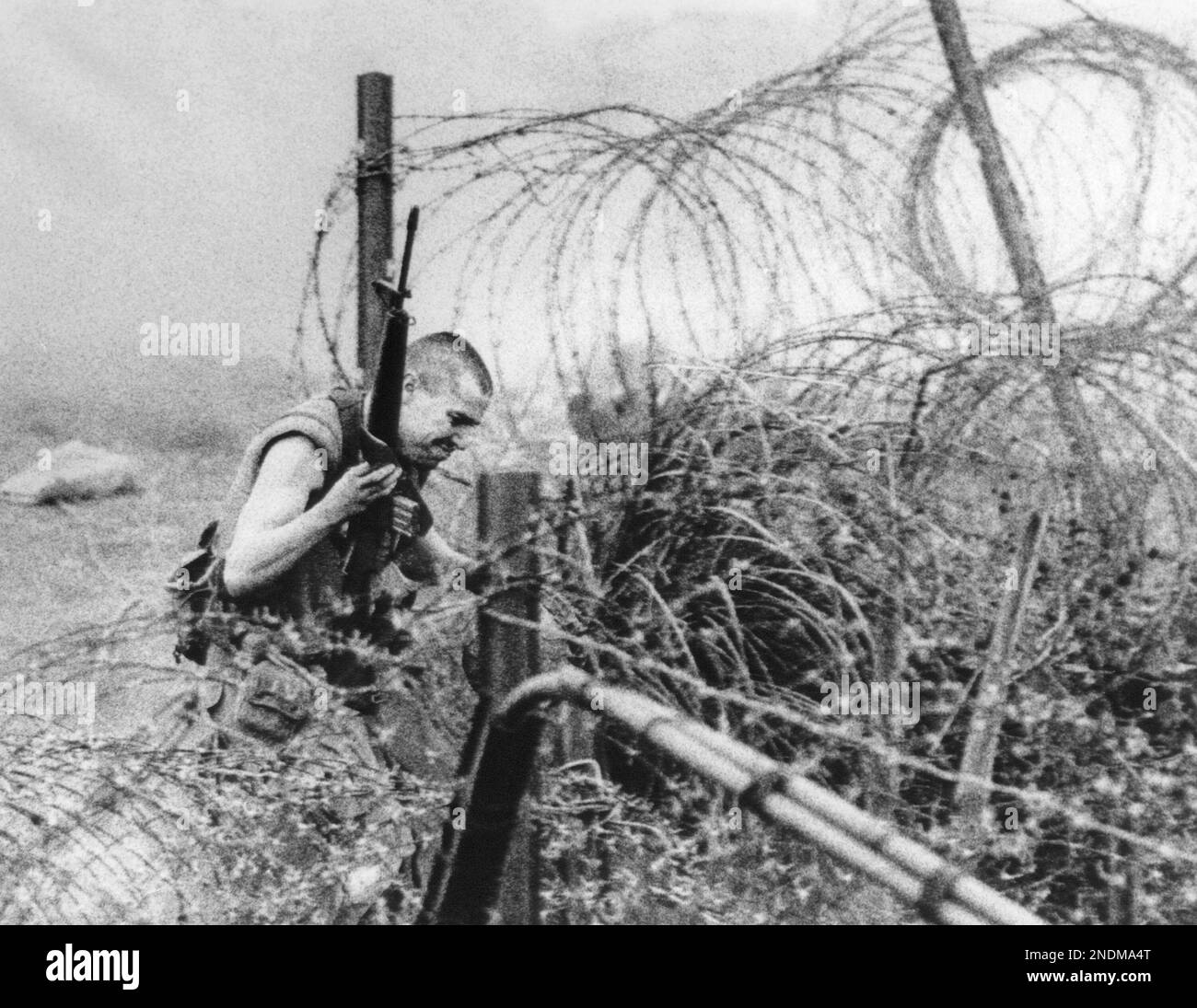 A helmet less U.S. marine battles coils of concertina barbed wire at ...