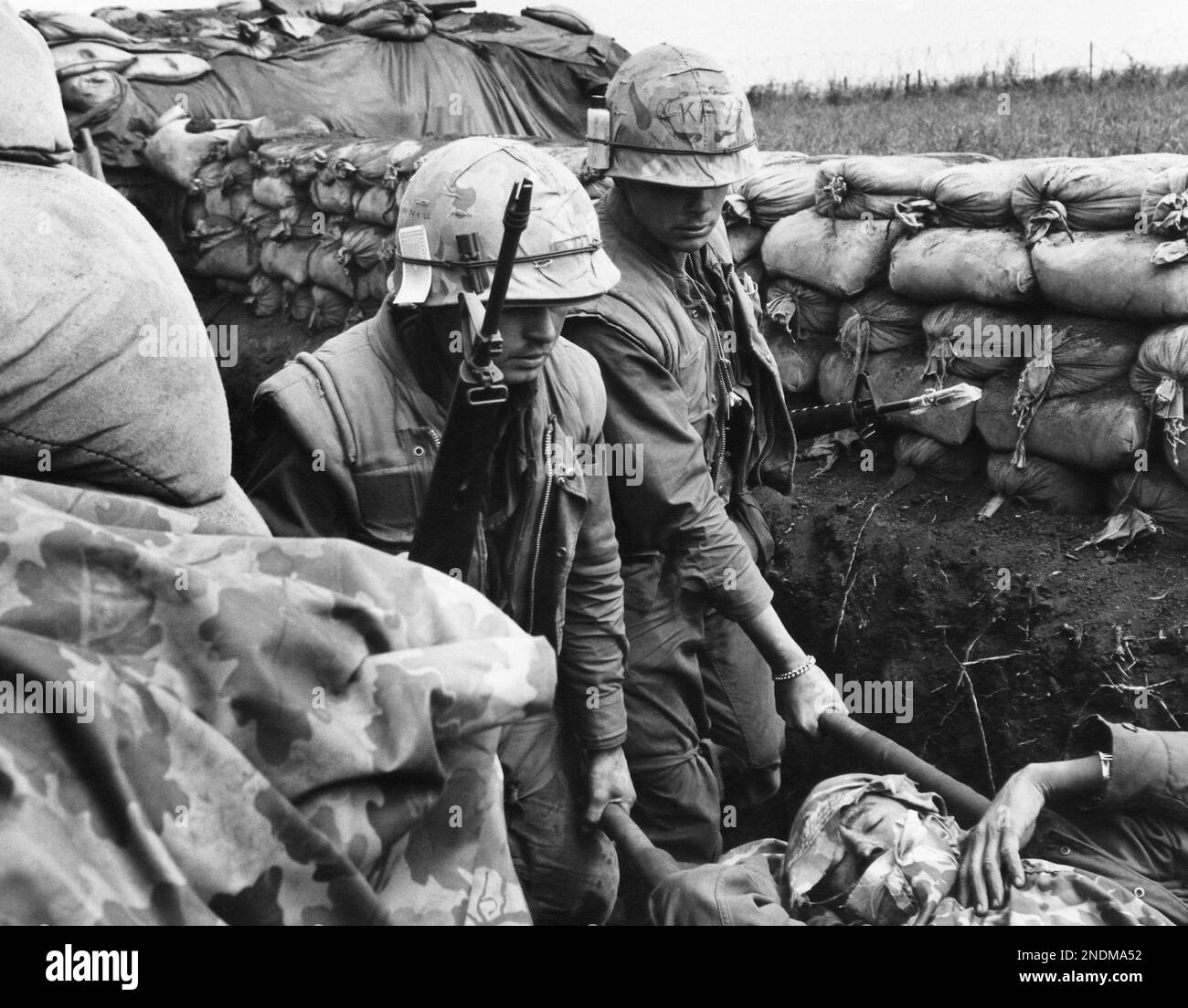 A South Vietnamese ranger wounded in a North Vietnamese rocket attack ...