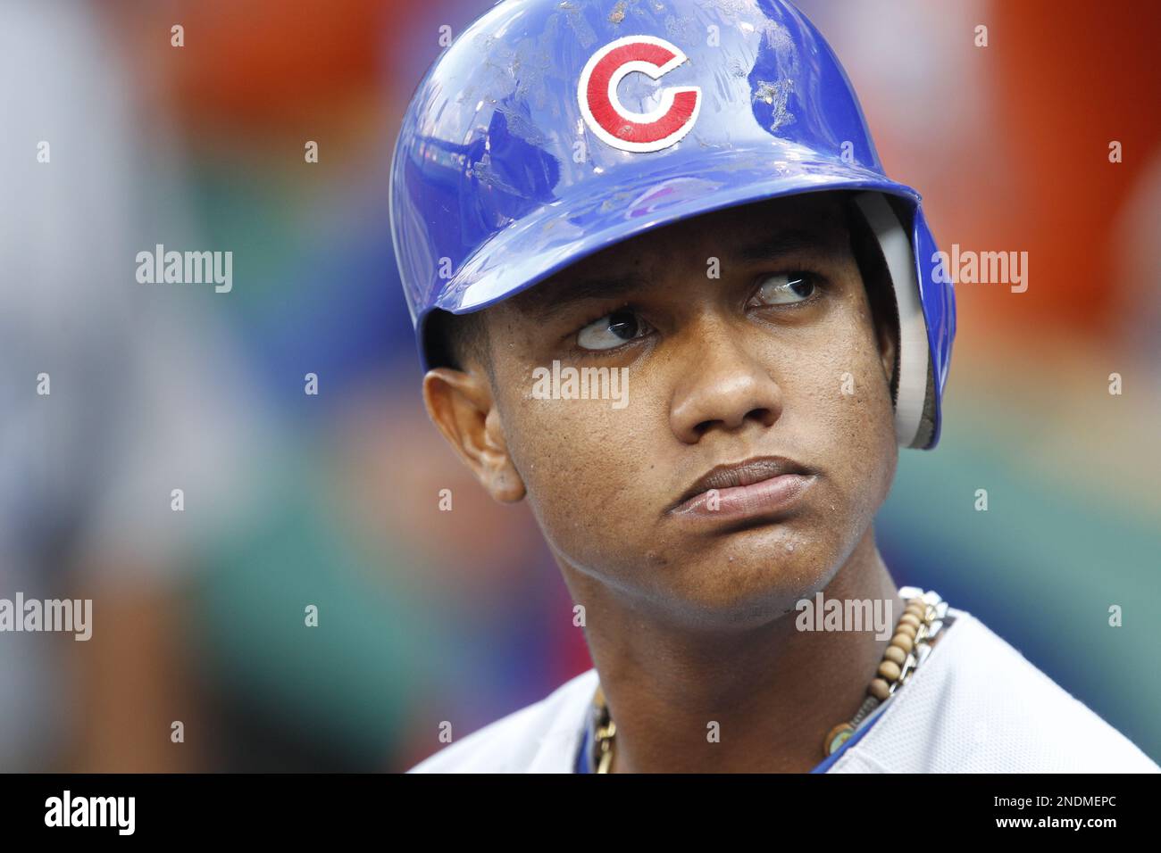 Chicago Cubs' Starlin Castro stands in the dugout during a baseball ...