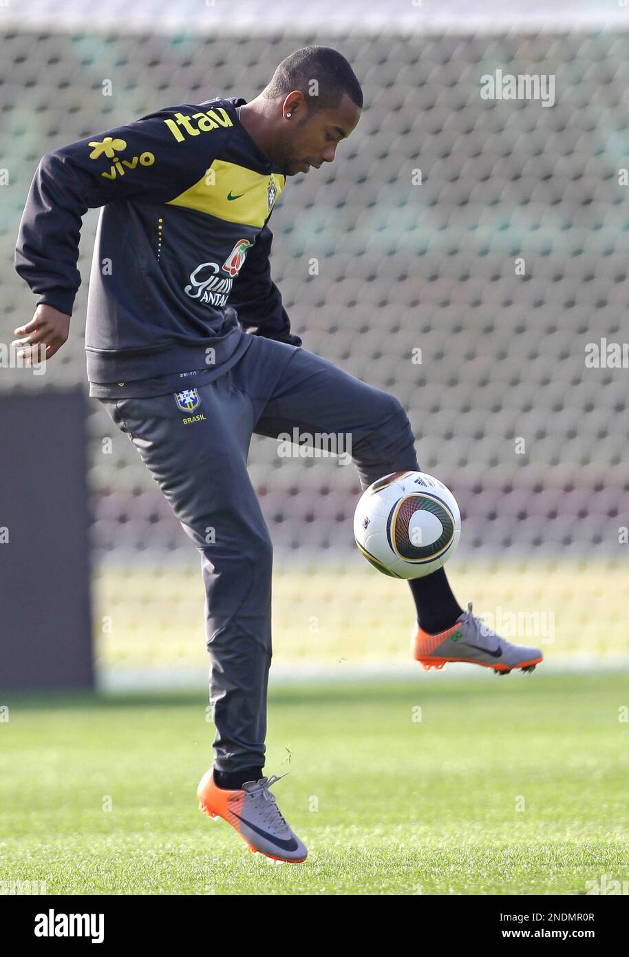 Brazilian soccer player Robinho controls the ball during a training ...