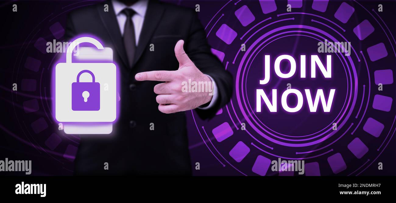 Text sign showing Join Now. Business approach An invite to a person or ...
