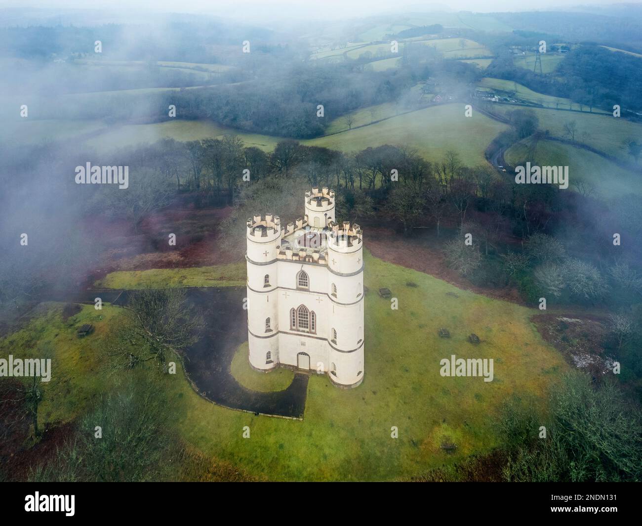 Misty morning over Haldon Belvedere from a drone, Lawrence Castle ...