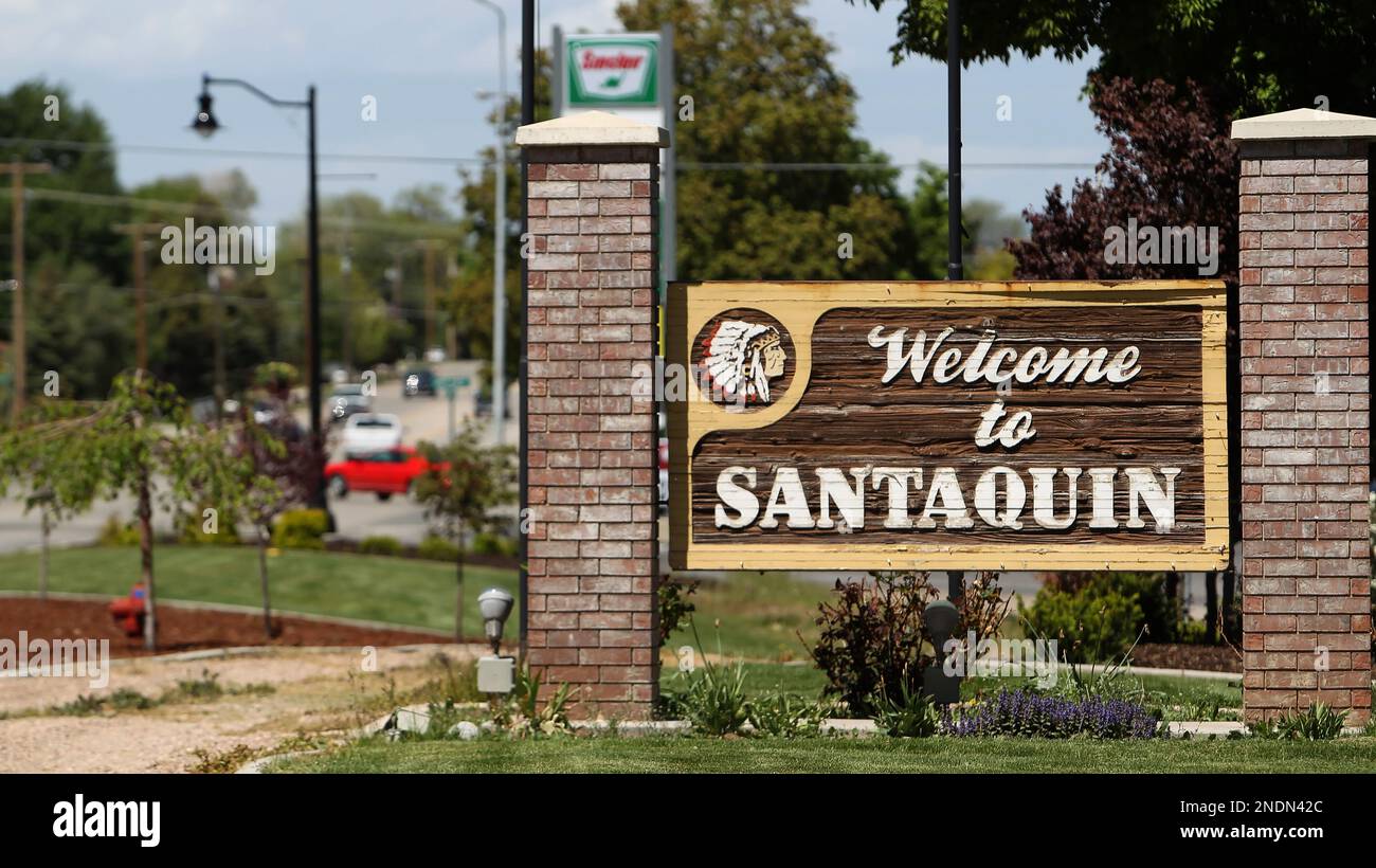 A sign sits on the outskirts of Santaquin, Utah the home of actor Gary ...