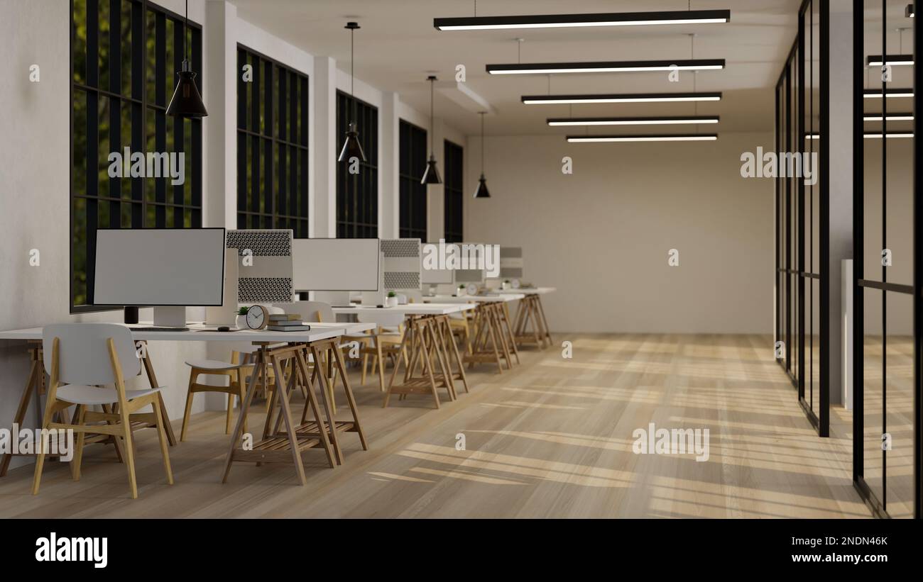 Modern contemporary office interior design with a row of computer desk ...