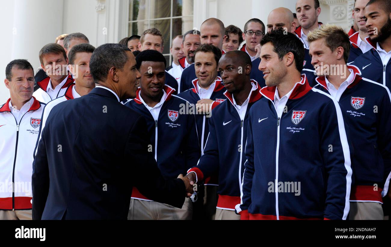 President Barack Obama greets members of the U.S. World Cup soccer team ...