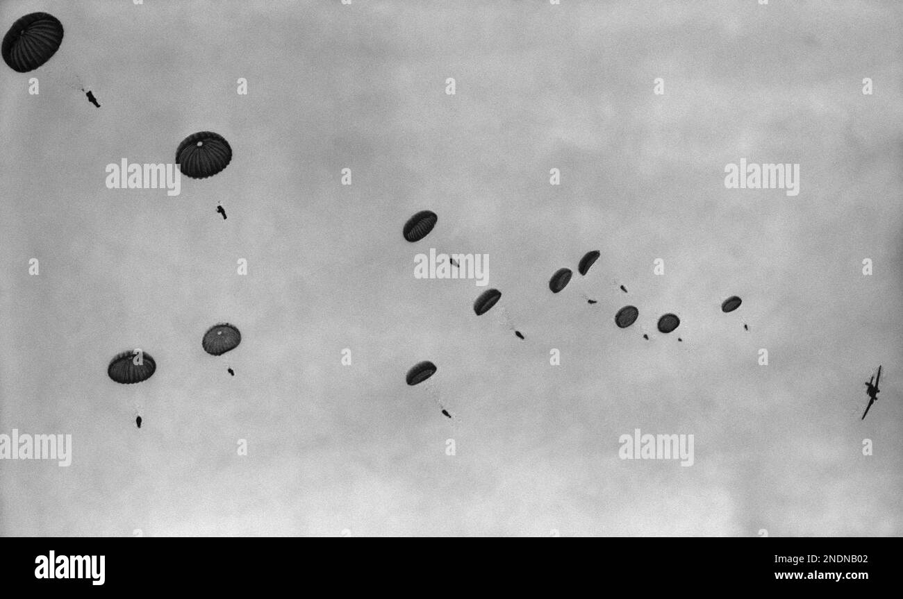 German parachute troops descending on Fort Eben Emael in Belgium, May ...