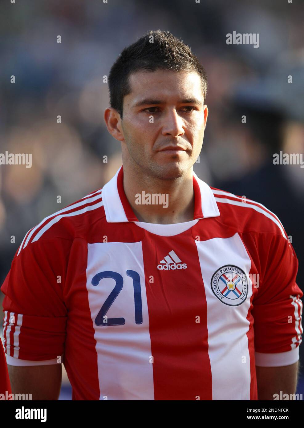 Paraguay's Antolin Alcaraz stands for his national anthem before ...