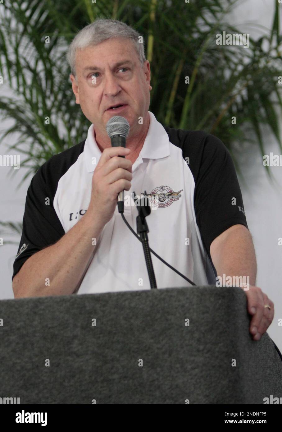 Voice of the 500 Bob Jenkins speaks during a news conference to unveil ...