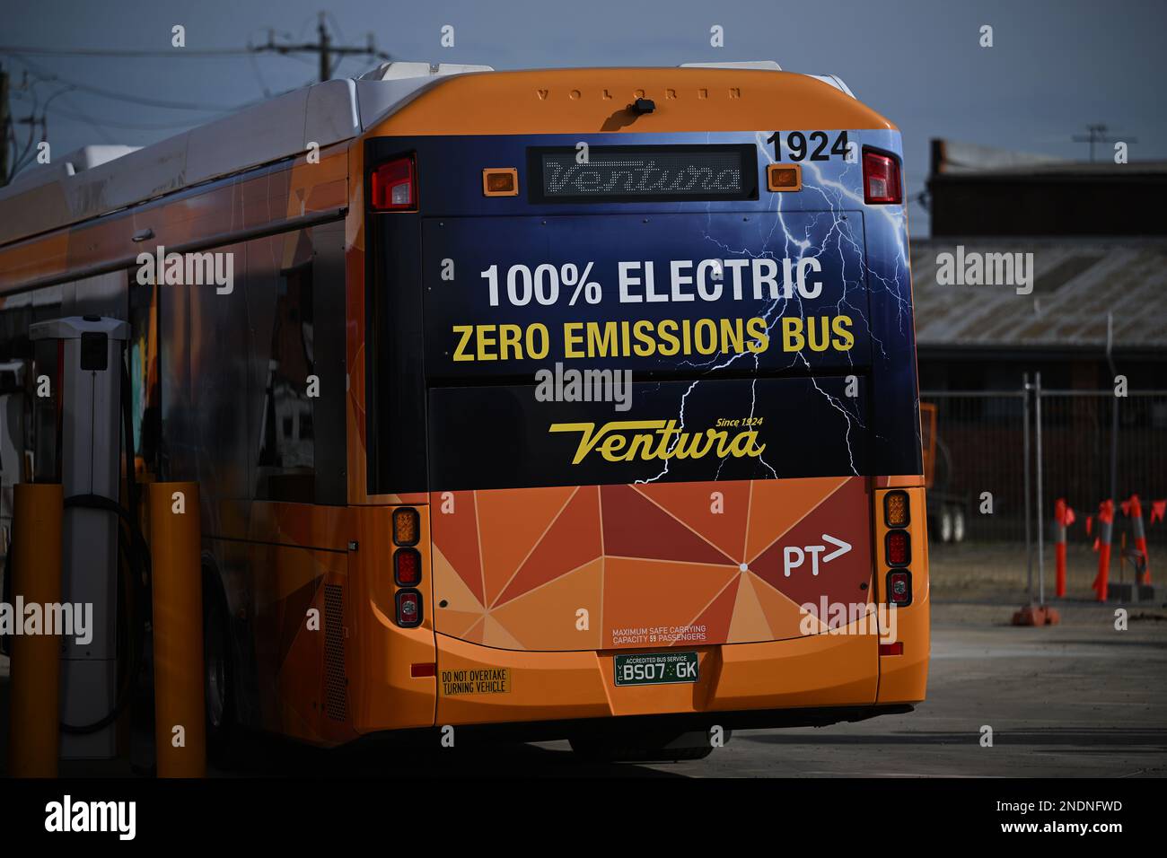 Generic image of signage reading ‘100% electric, zero emissions bus’ is ...