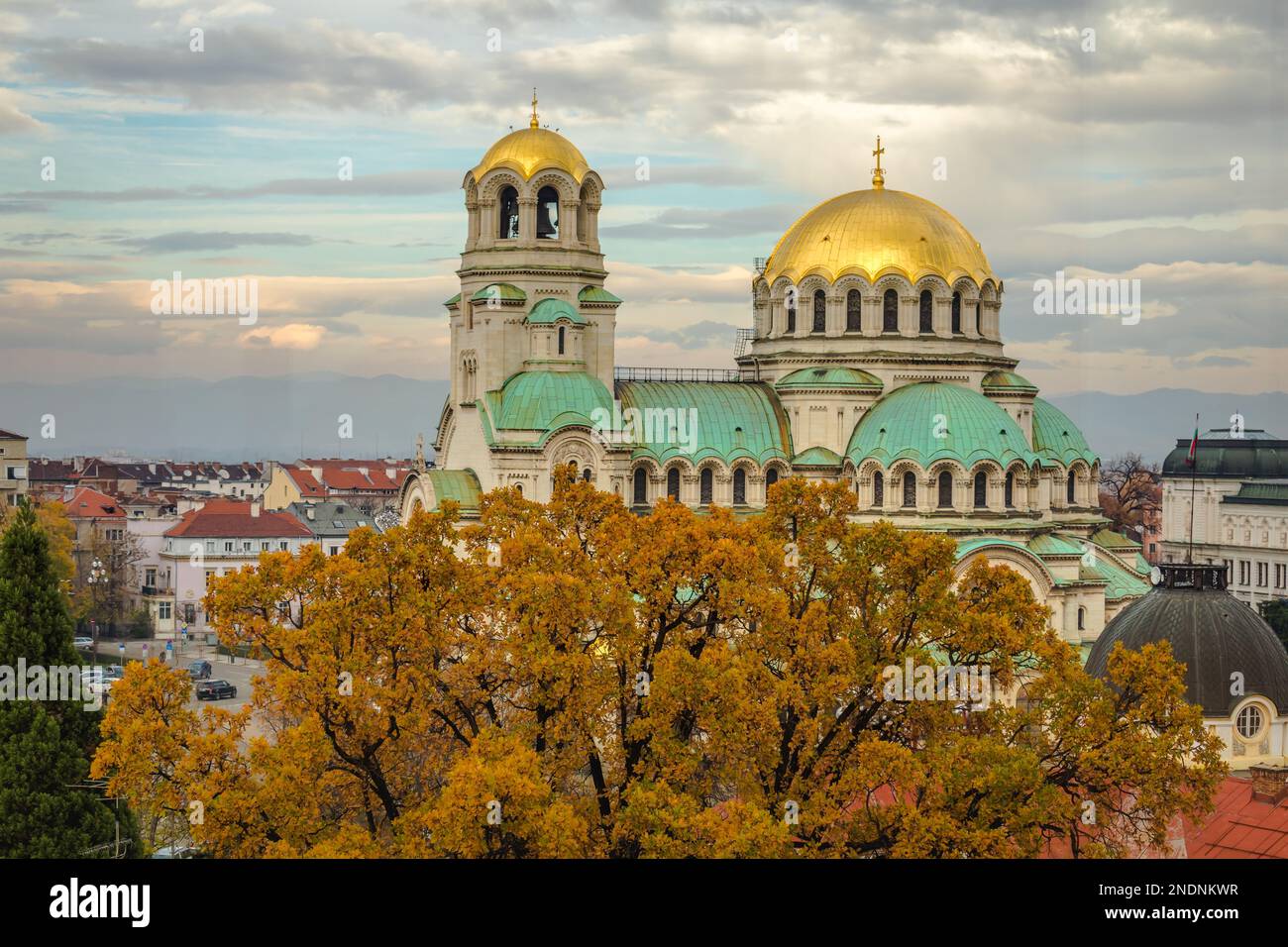 Alexander Nevski cathedral square in Sofia at dramatic autumn sunset ...