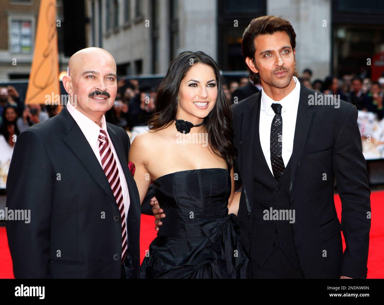 Indian producer Rakesh Roshan, left, with the two stars Mexican actress ...