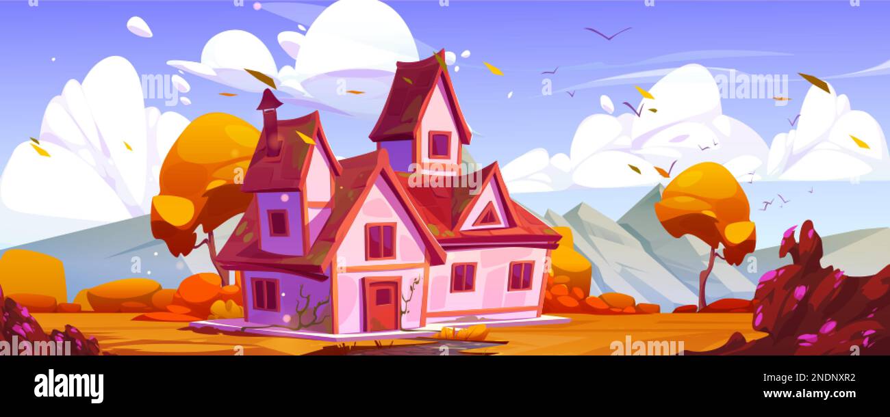 Nice country house surrounded by beautiful mountain landscape. Vector ...