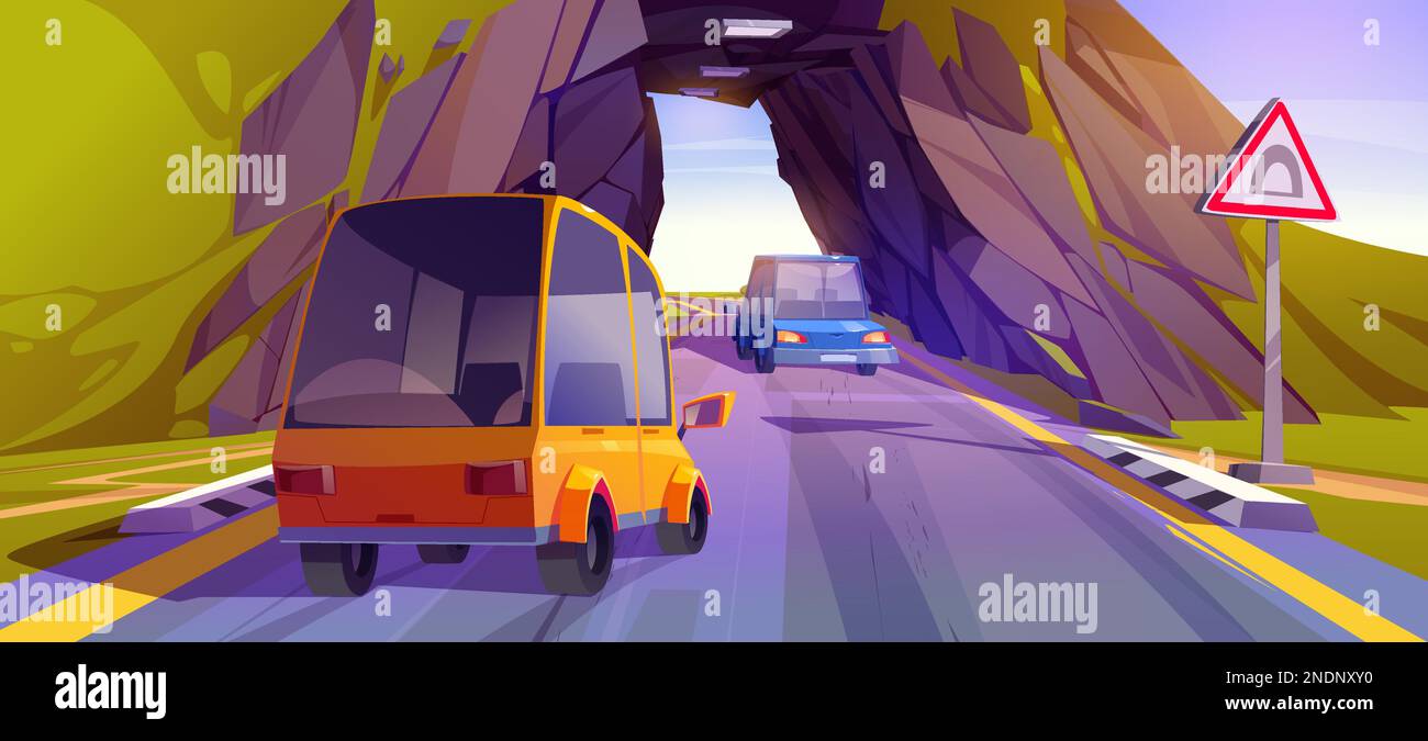 Two car ride tunnel road with warning sign vector cartoon landscape ...